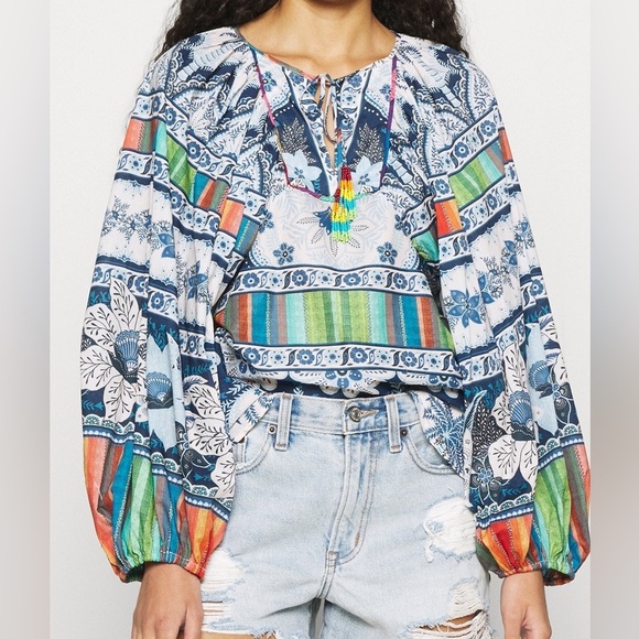 FARM Rio | Tops | Farm Rio Blue Tropical Peasant Blouse Balloon Sleeve ...